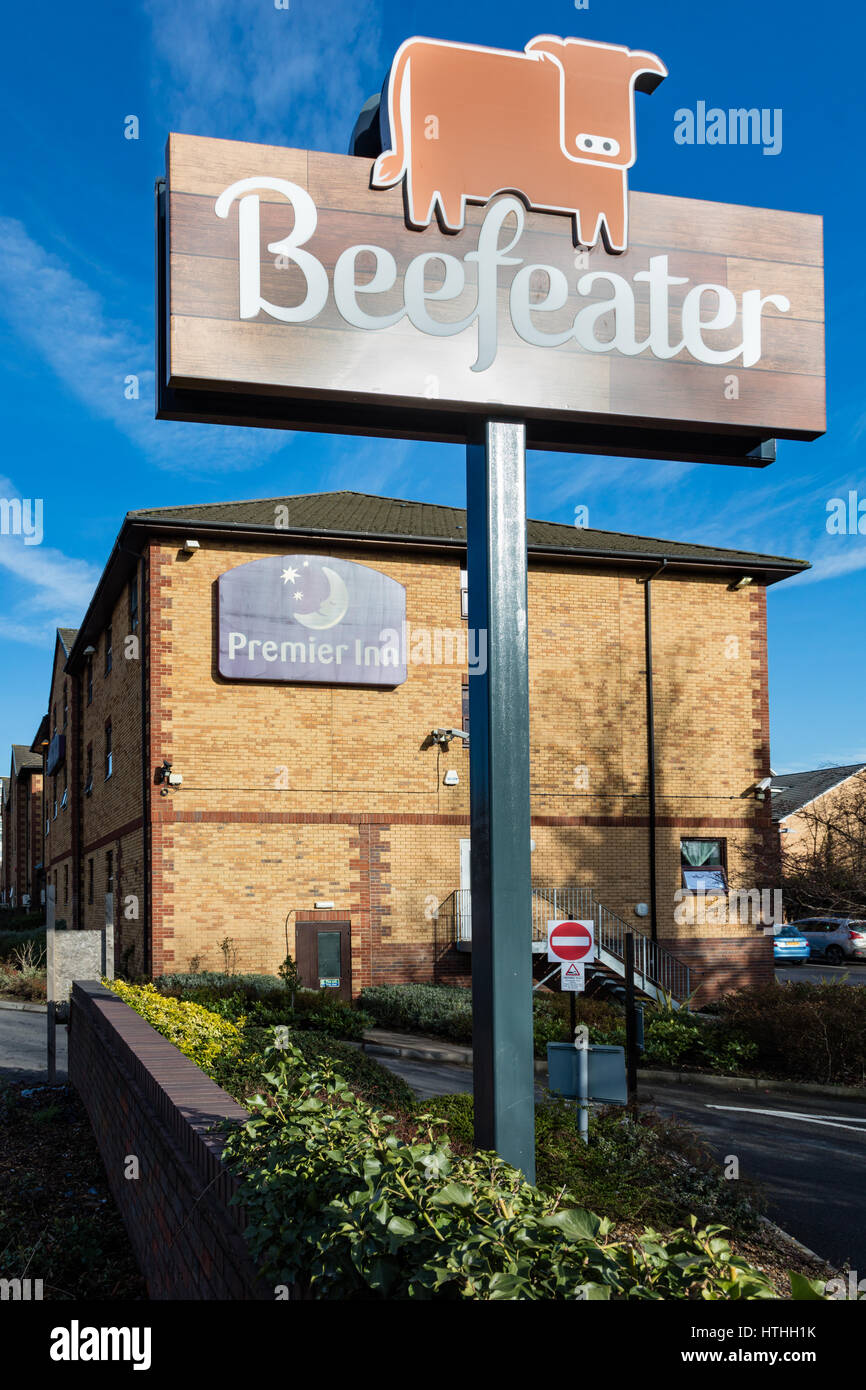 Hotel and pub signs for the Premier Inn and Beefeater pub in Central ...