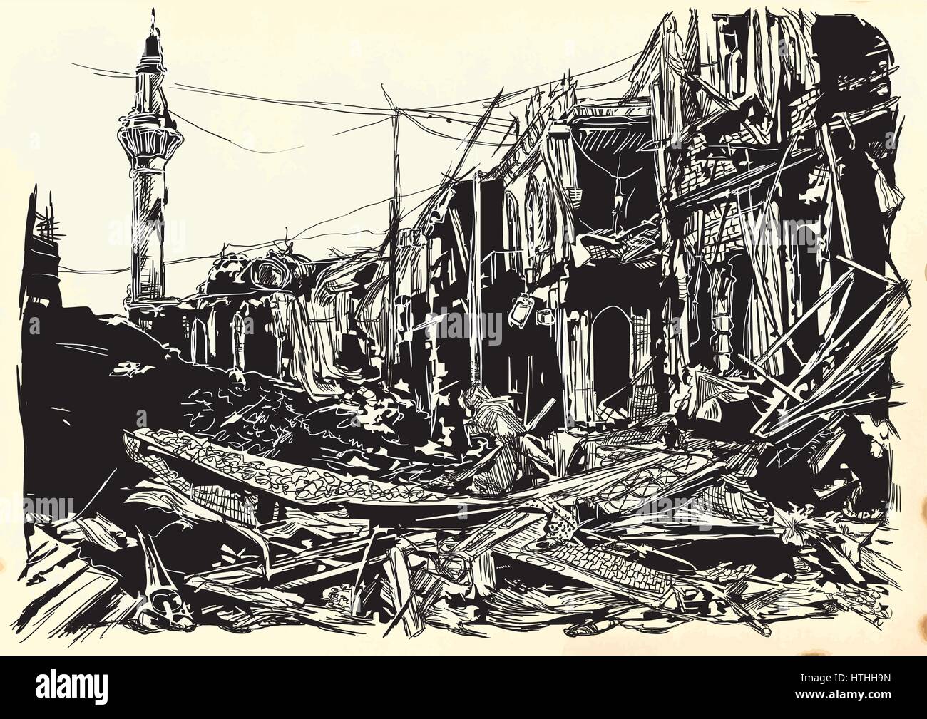 An hand drawn vector illustration - War place. Ruins of an middle east ...
