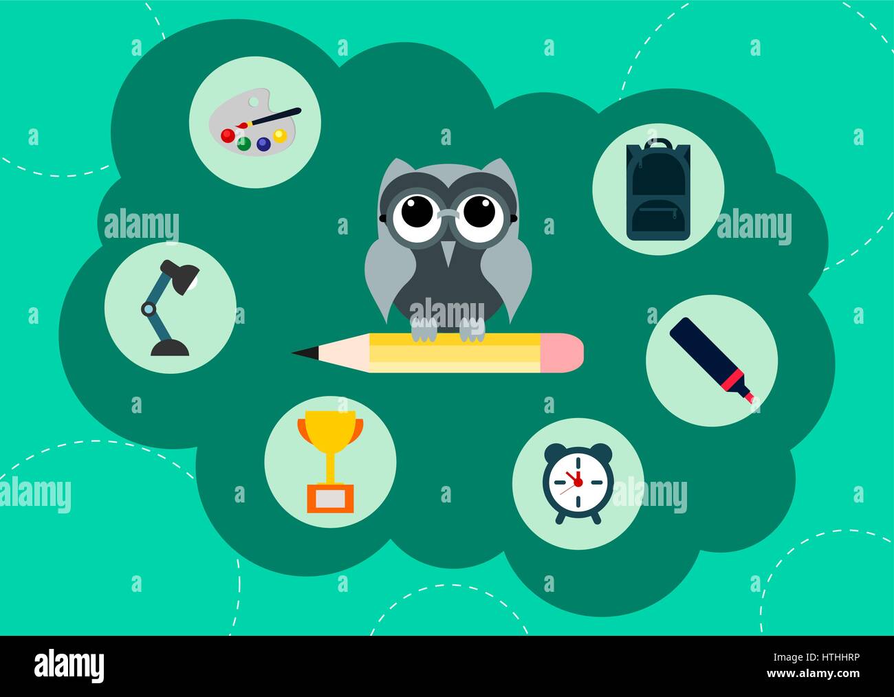 School concept with an owl. School supplies. Wise owl on a pen. Welcome ...