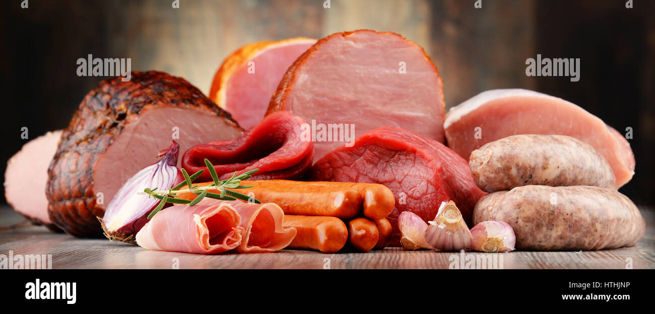Assorted meat products including ham and sausages Stock Photo - Alamy
