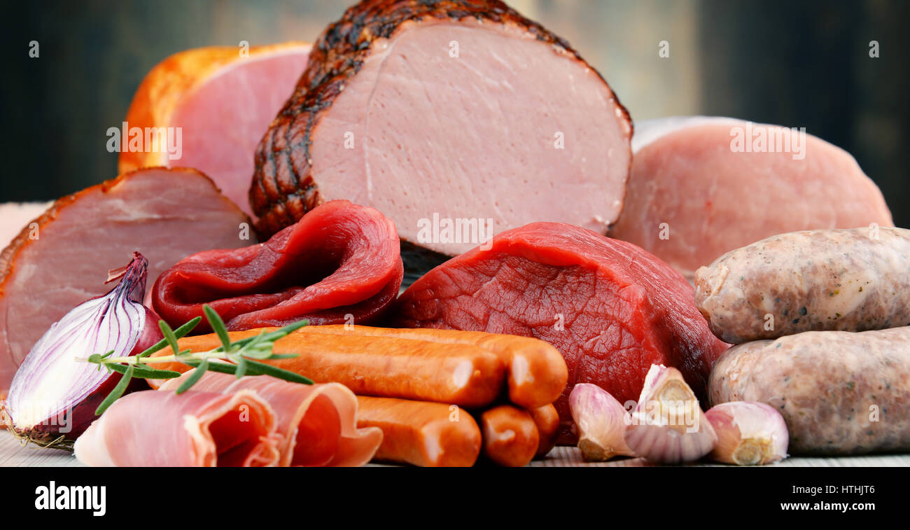 Assorted meat products including ham and sausages Stock Photo - Alamy