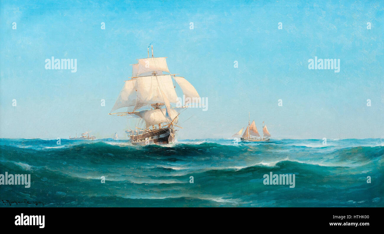 This artwork by Richarde depicts several ships navigating the sea ...