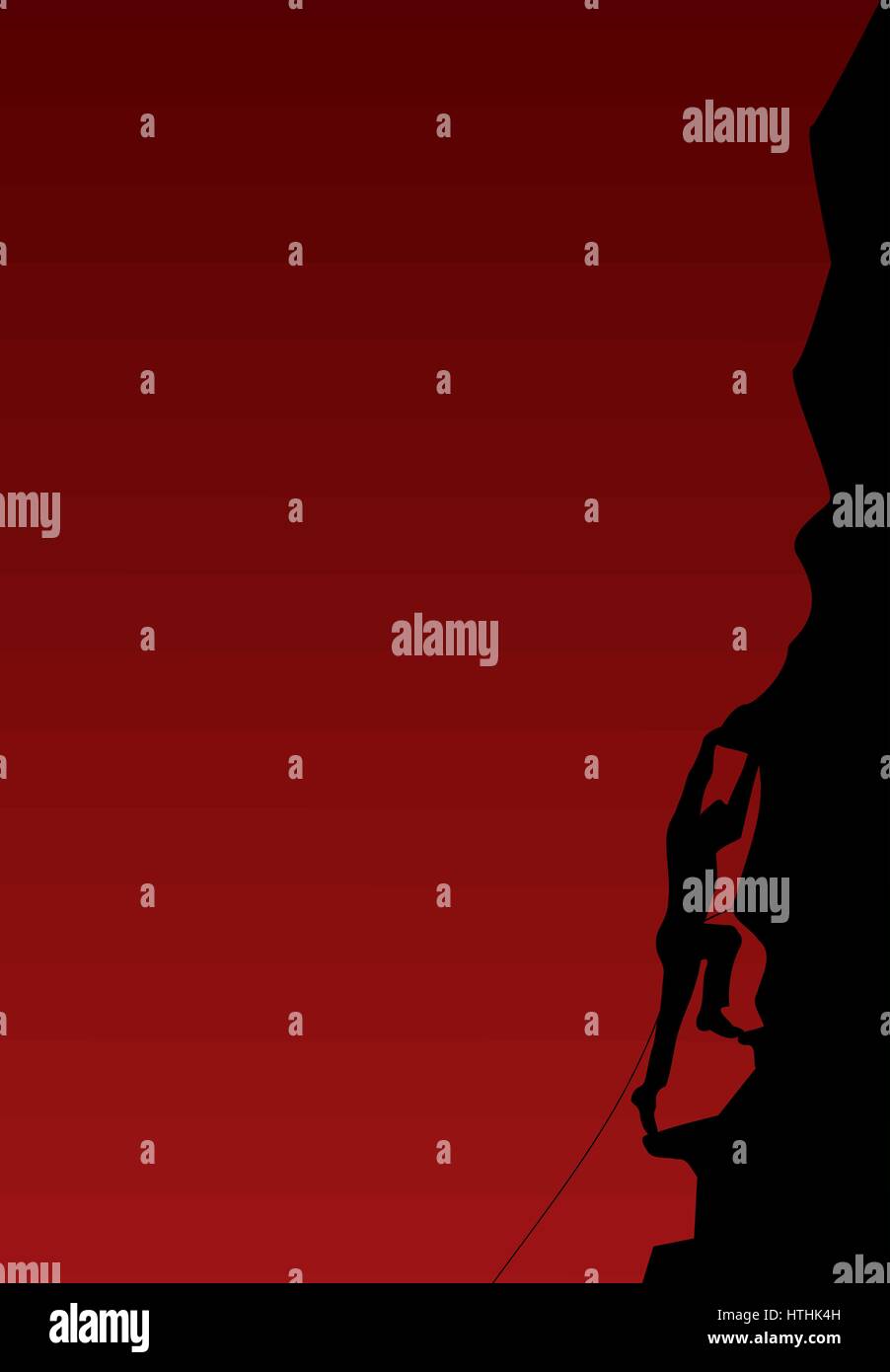 The silhouette of a persistent man climbing up the mountain. Red ...