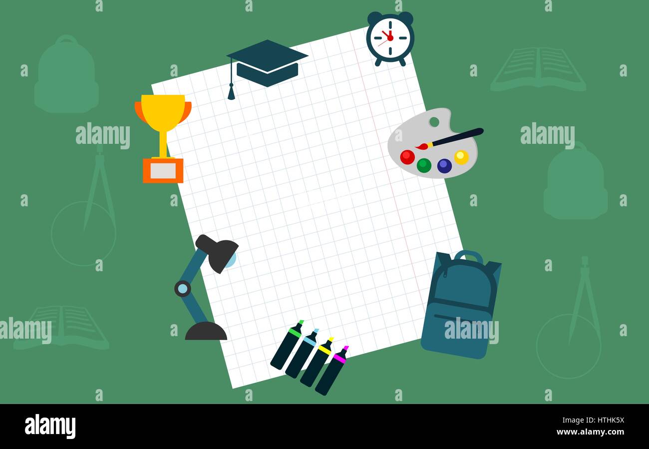 Notebook paper with school supplies on green background. Back to school ...