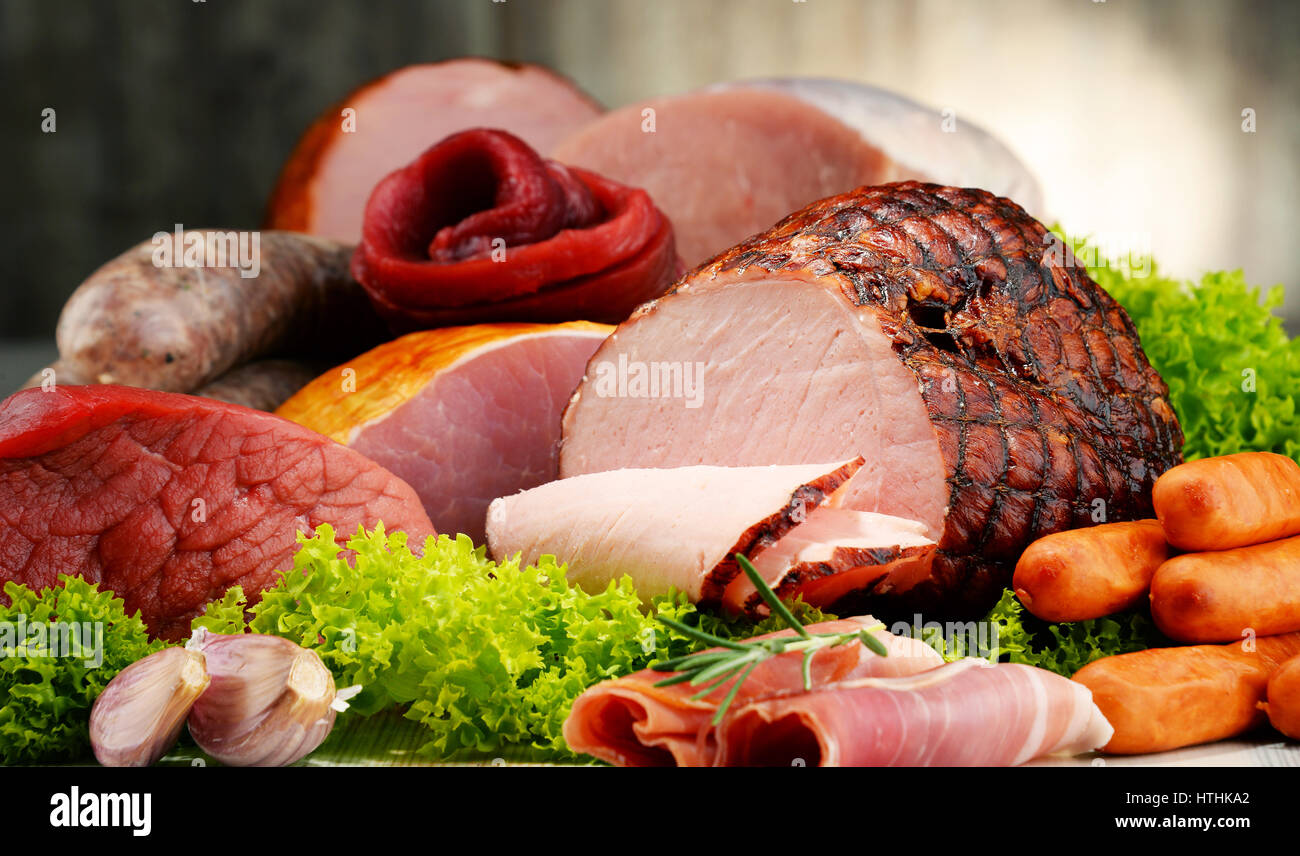 Assorted meat products including ham and sausages Stock Photo - Alamy