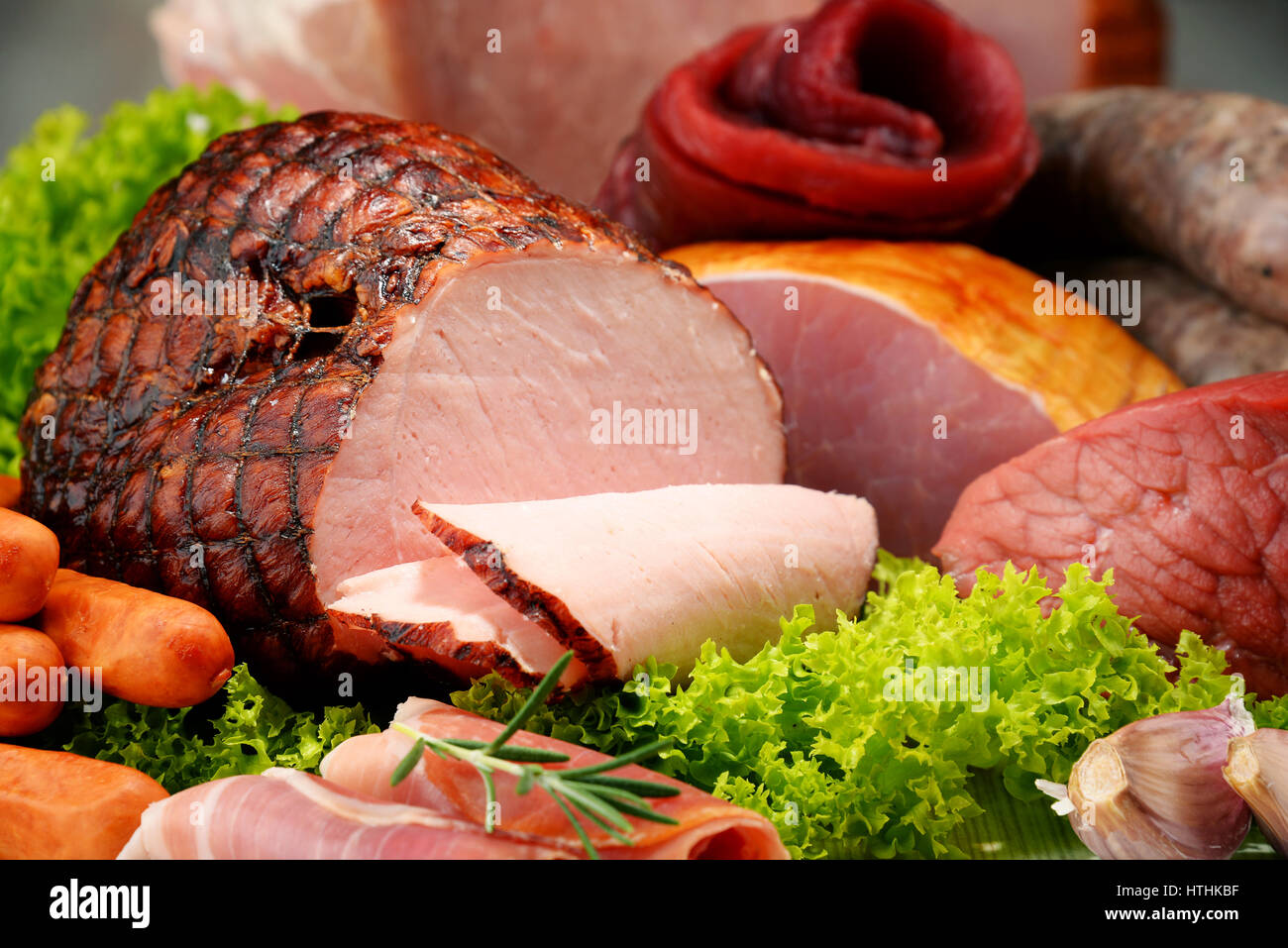 Assorted meat products including ham and sausages Stock Photo - Alamy