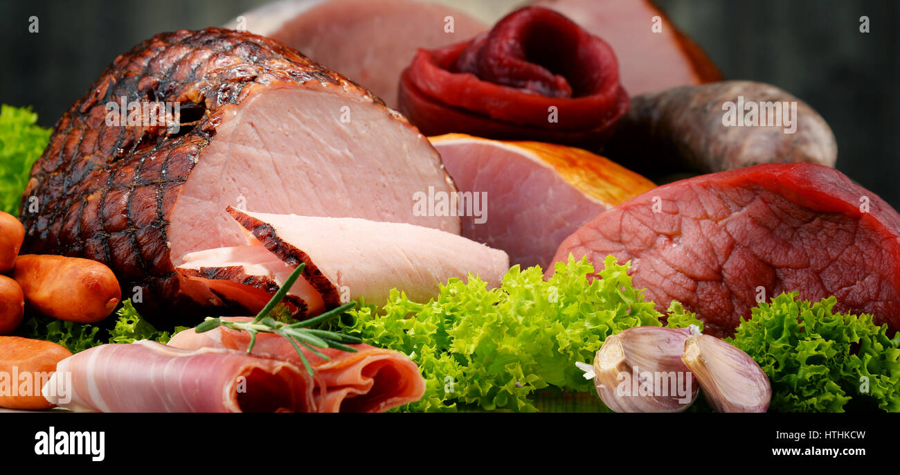 Assorted meat products including ham and sausages Stock Photo - Alamy