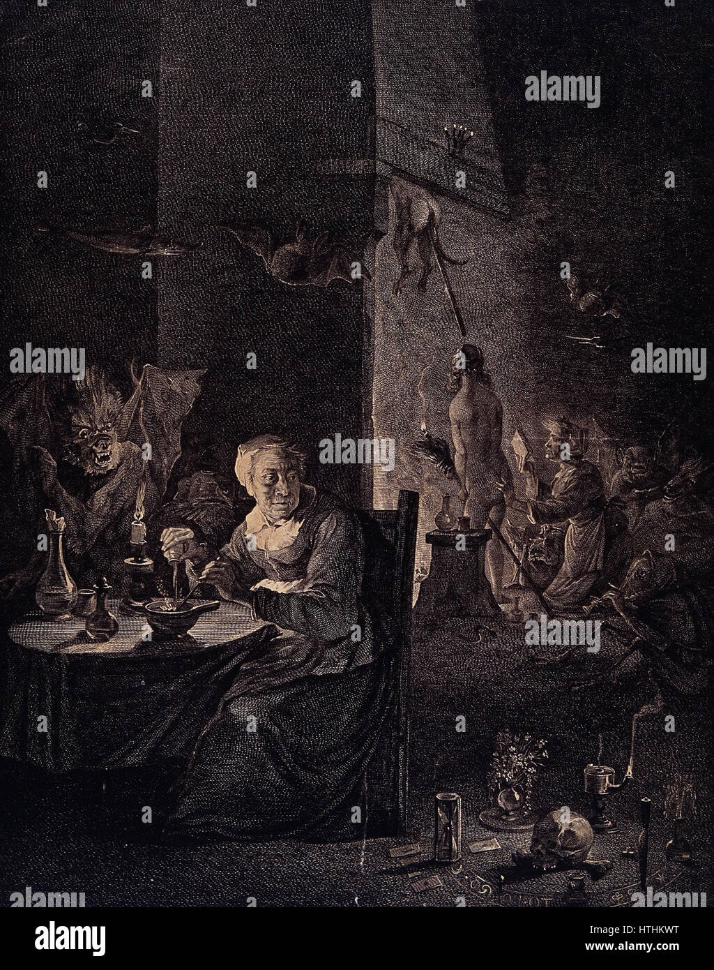 This engraving by J. Aliame depicts the preparation for a witches ...