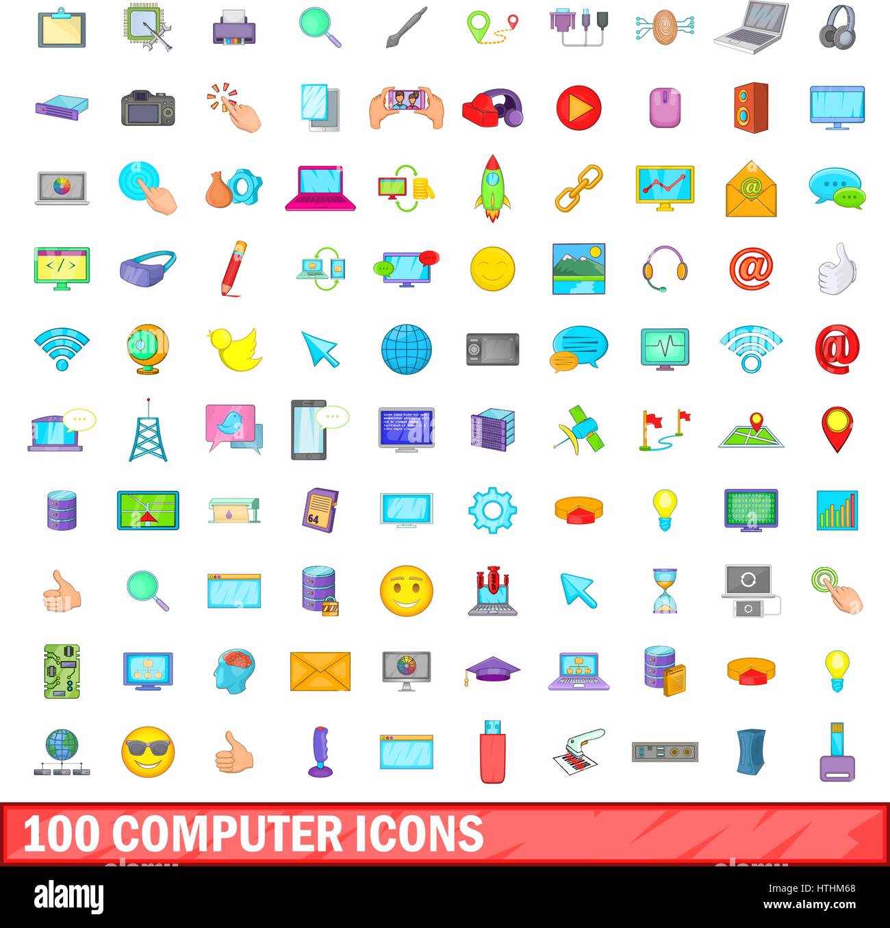 100 computer icons set in cartoon style for any design vector ...