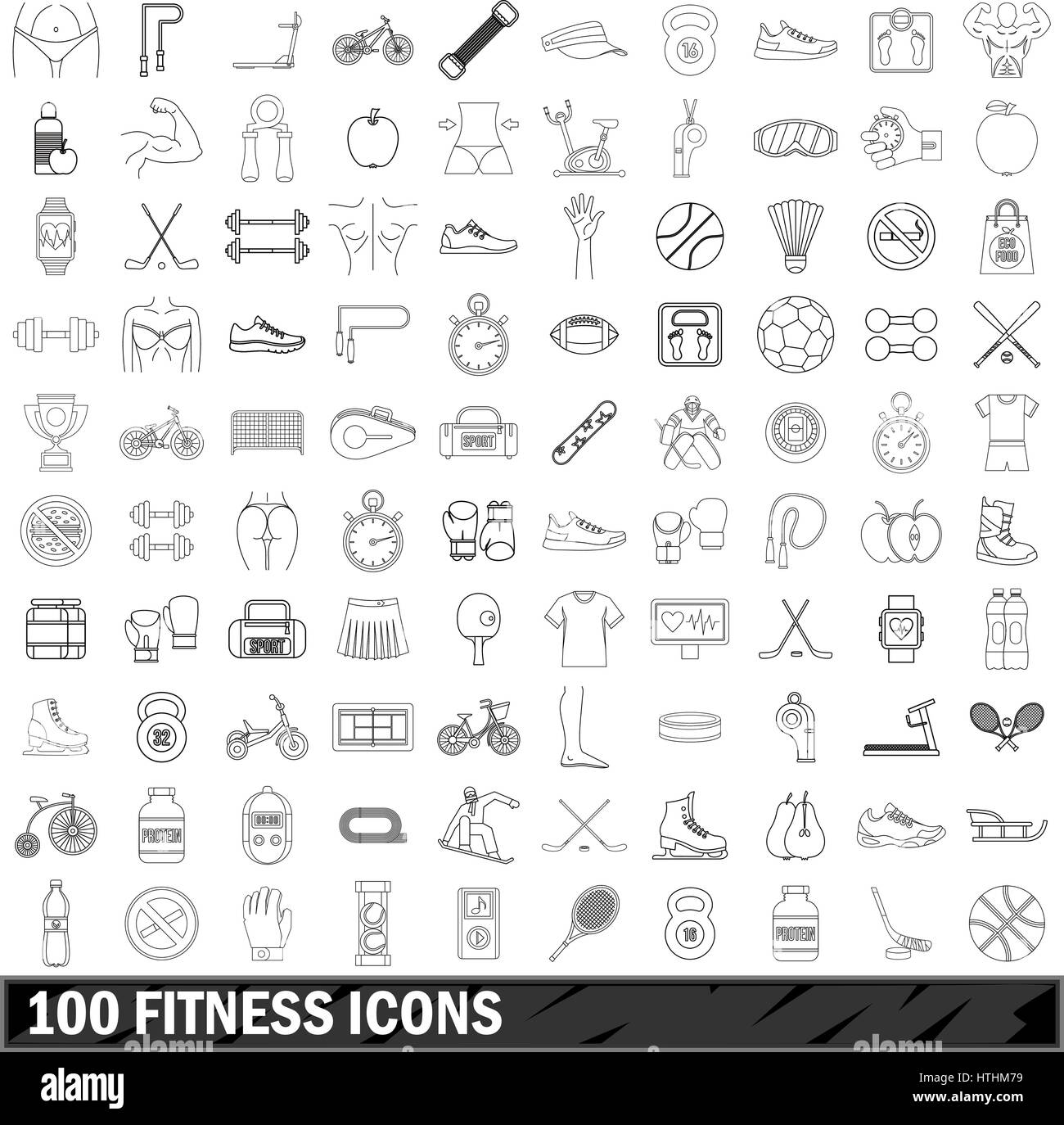 100 fitness icons set in outline style for any design vector ...