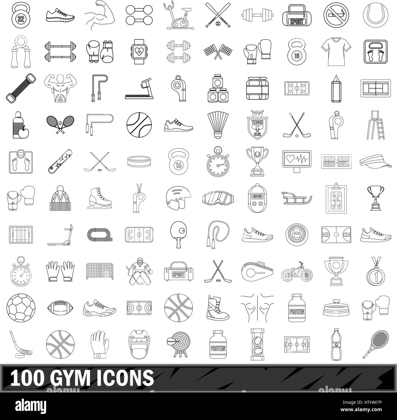100 gym icons set in outline style for any design vector illustration ...