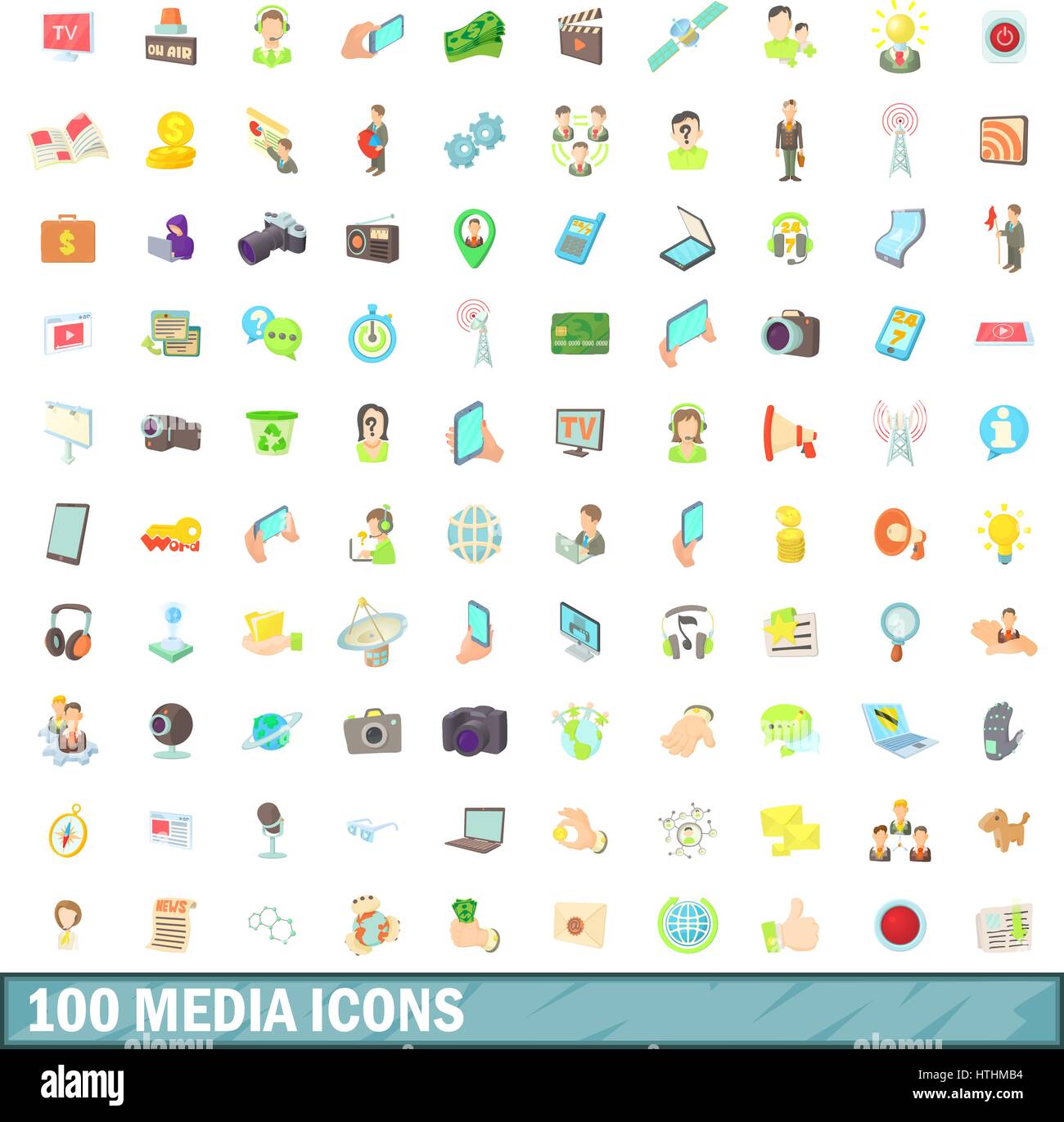 100 media icons set in cartoon style for any design vector illustration ...