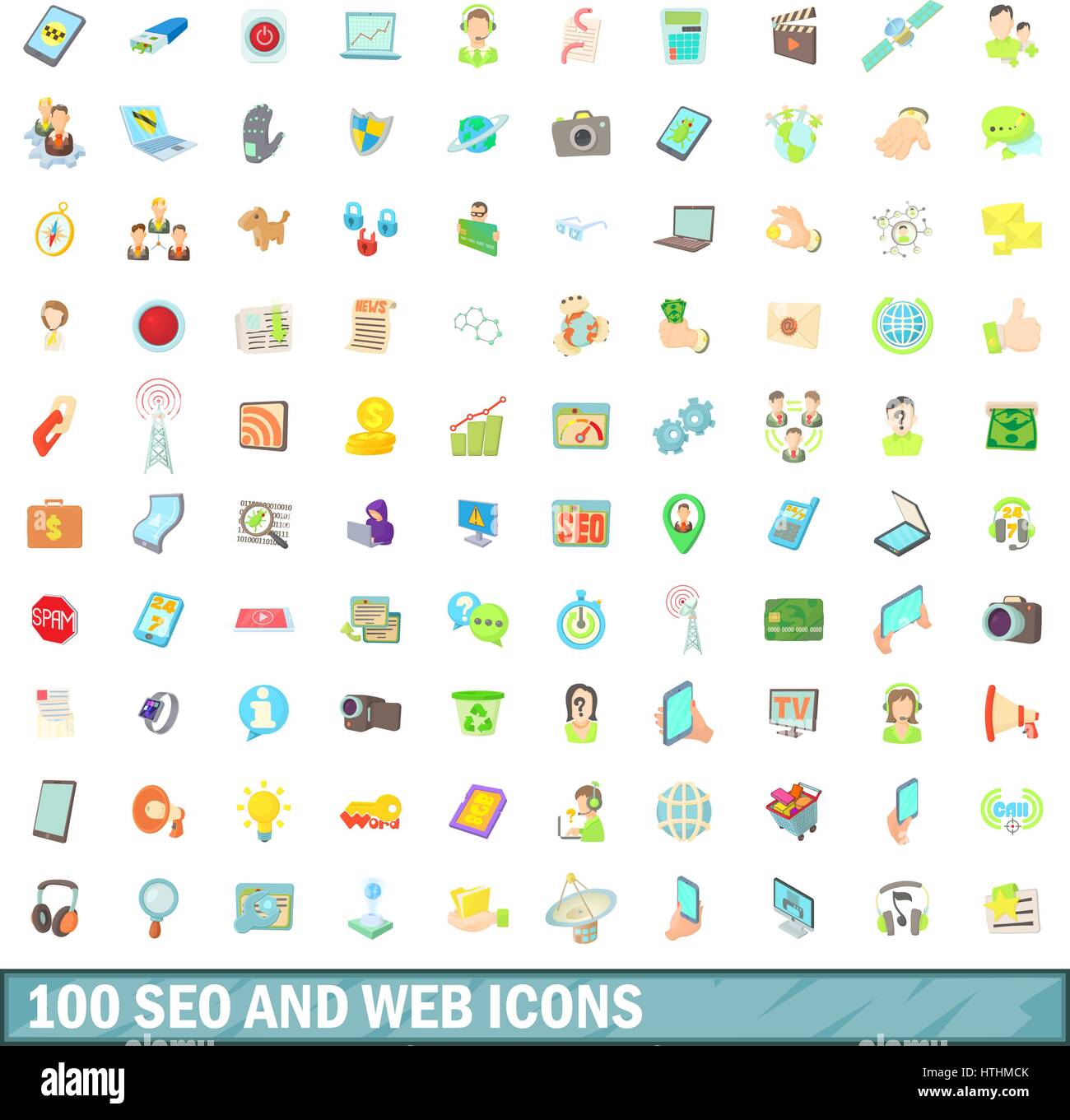 100 seo and web icons set in cartoon style for any design vector ...