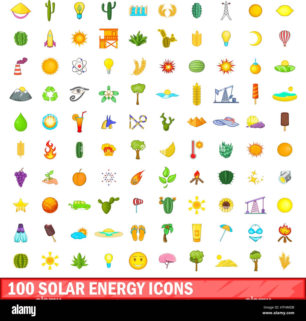 100 solar energy icons set in cartoon style for any design vector ...