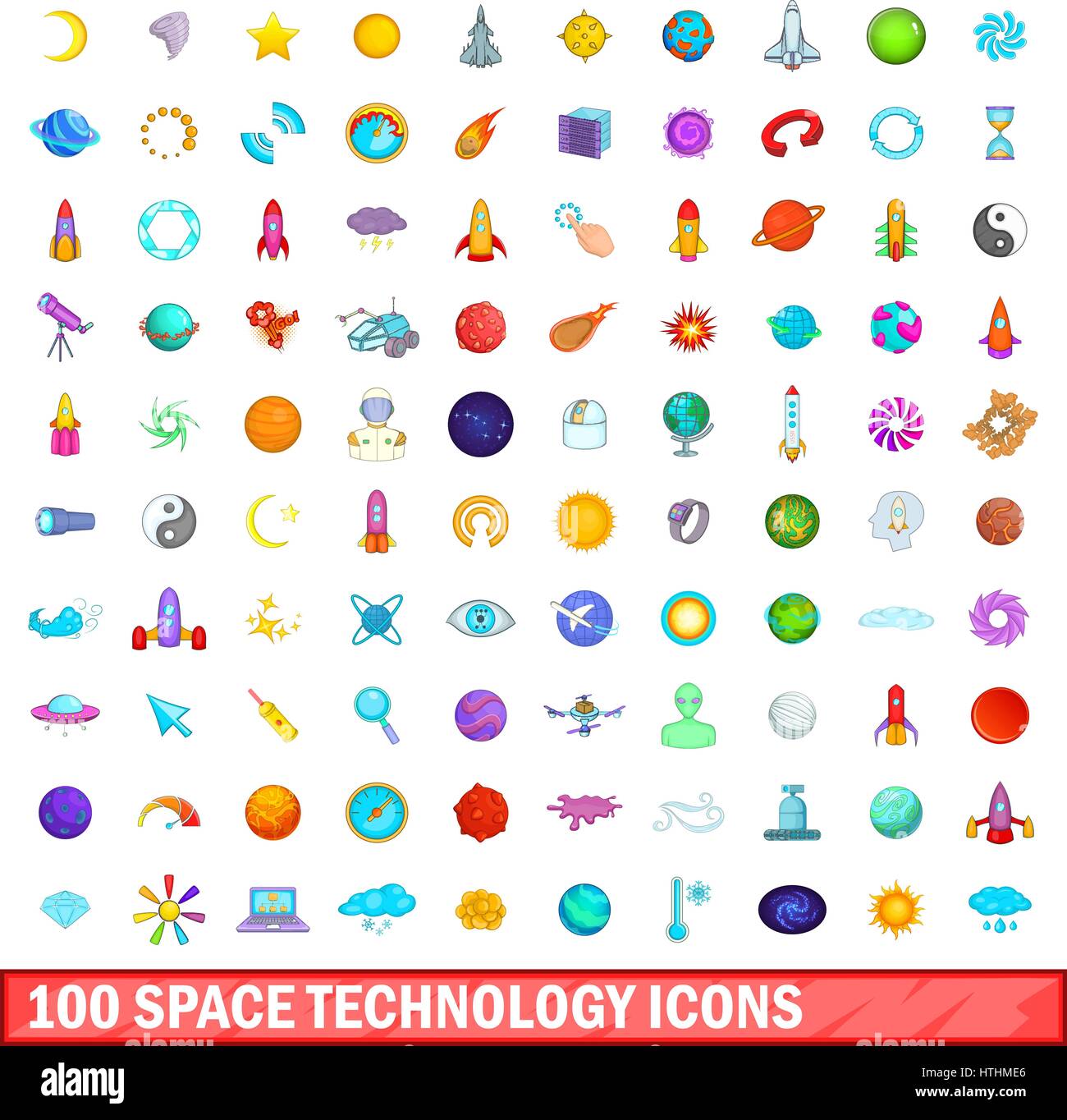 100 space technology icons set in cartoon style for any design vector ...