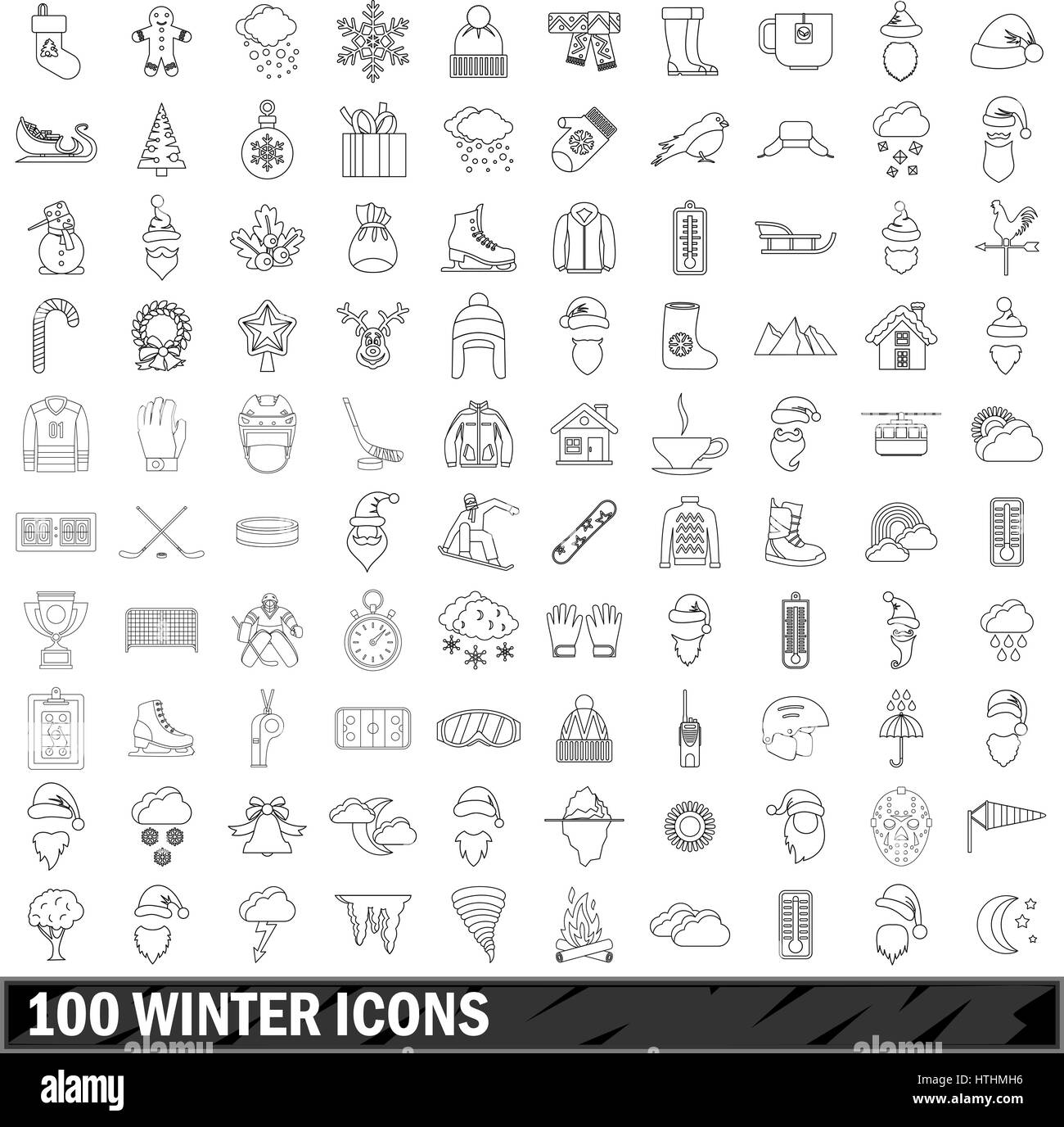 100 winter icons set in outline style for any design vector ...