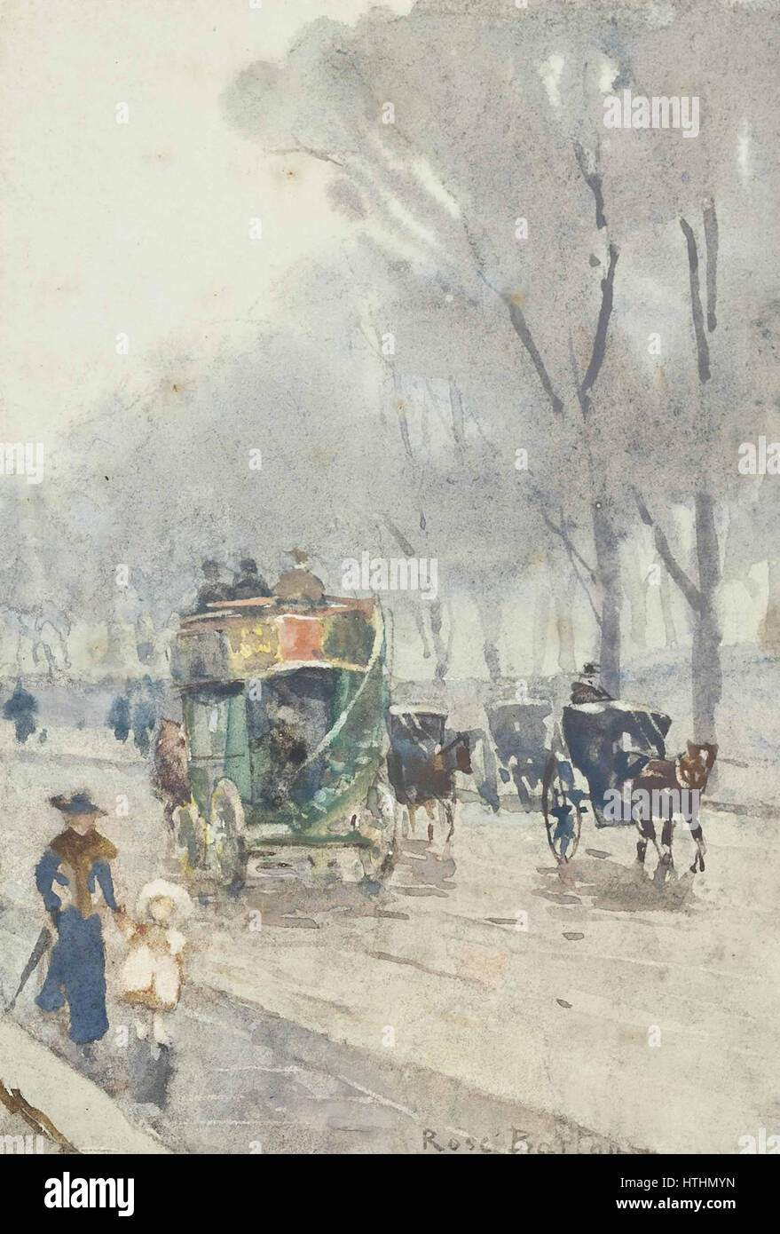 'Park Lane with Omnibus' by Rose Maynard Barton depicts a bustling ...