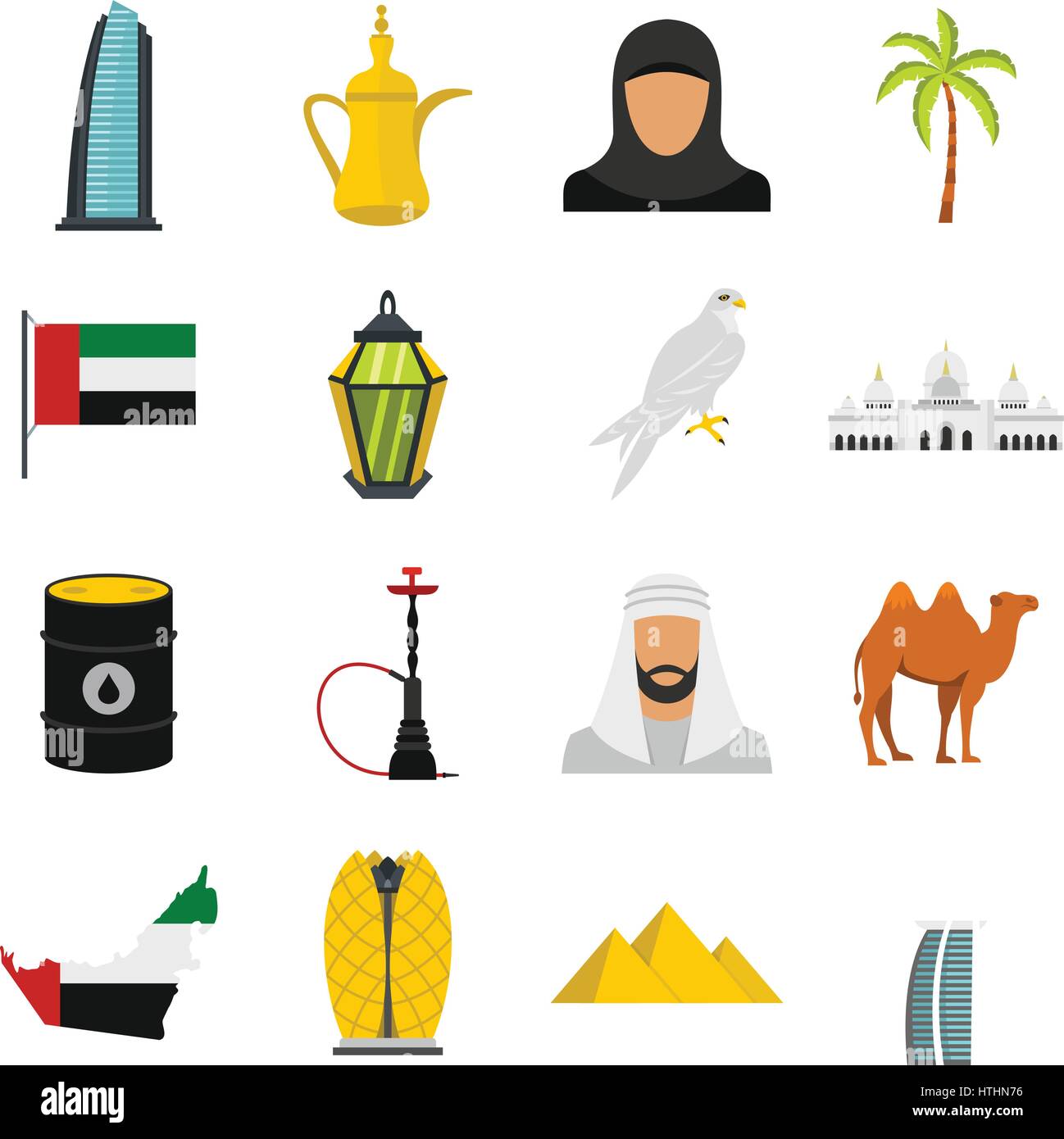 UAE travel set icons in flat style isolated on white background Stock ...