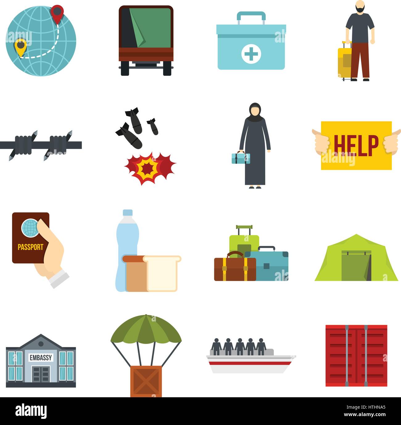 Refugees problem set icons in flat style isolated on white background ...