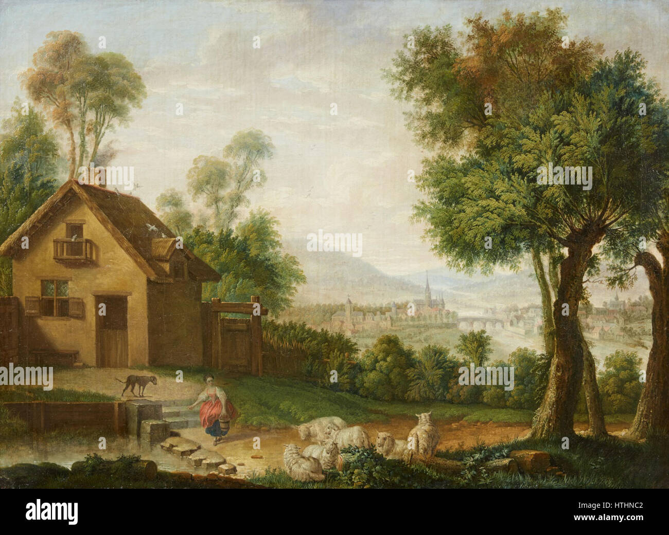 This 18th-century landscape painting depicts a rural farm with a ...
