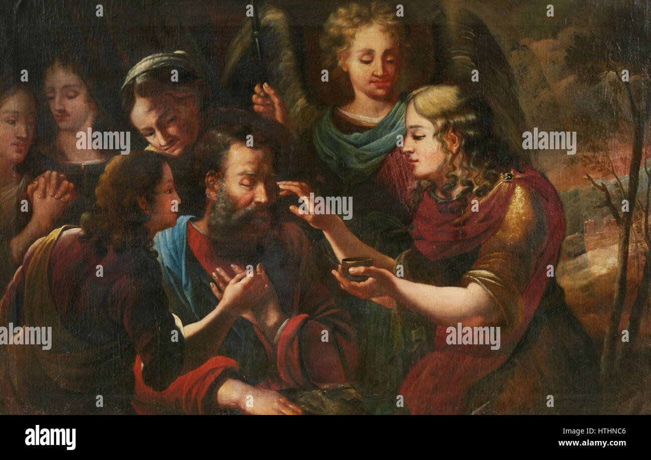 This painting depicts the biblical story of Tobias healing his blind ...