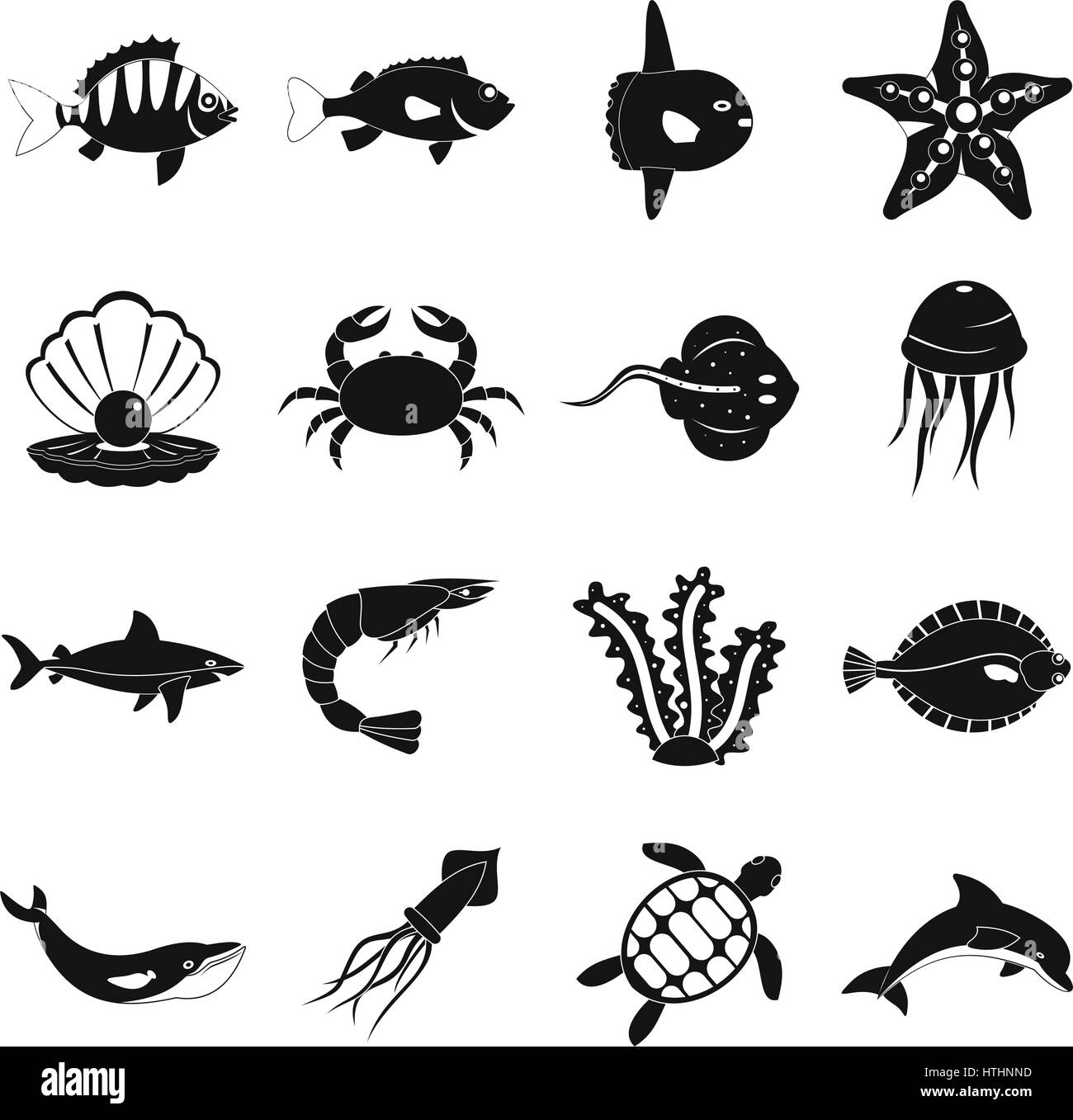 Sea animals icons set. Simple illustration of 16 sea animals vector ...