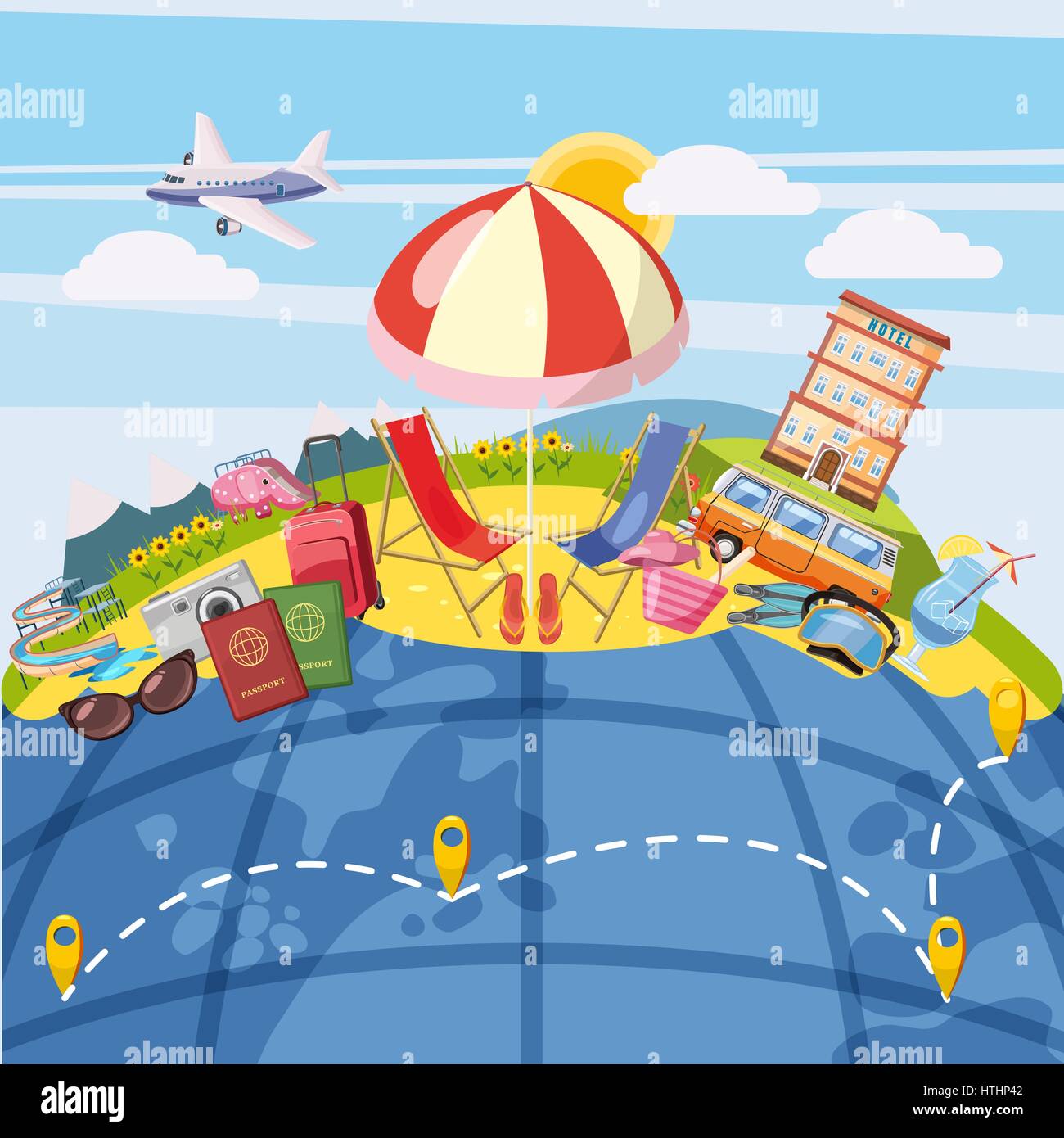 Travel tourism concept global. Cartoon illustration of travel tourism ...