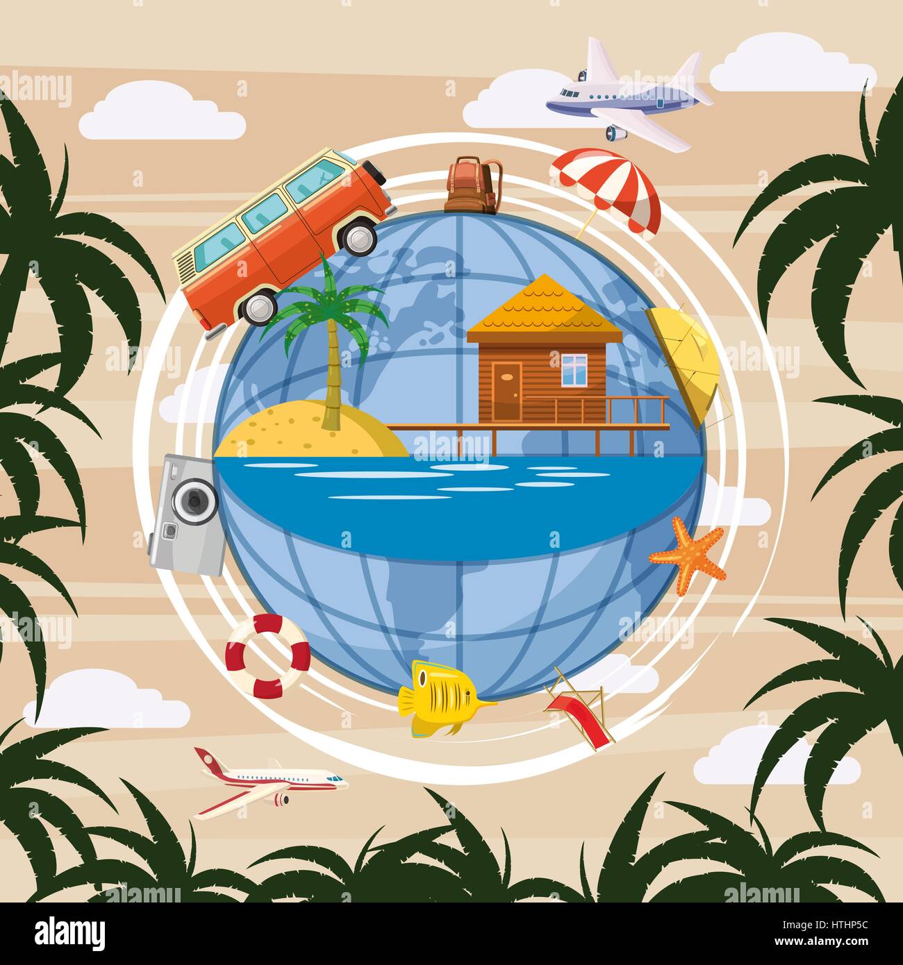 Travel tourism concept globe. Cartoon illustration of travel tourism ...