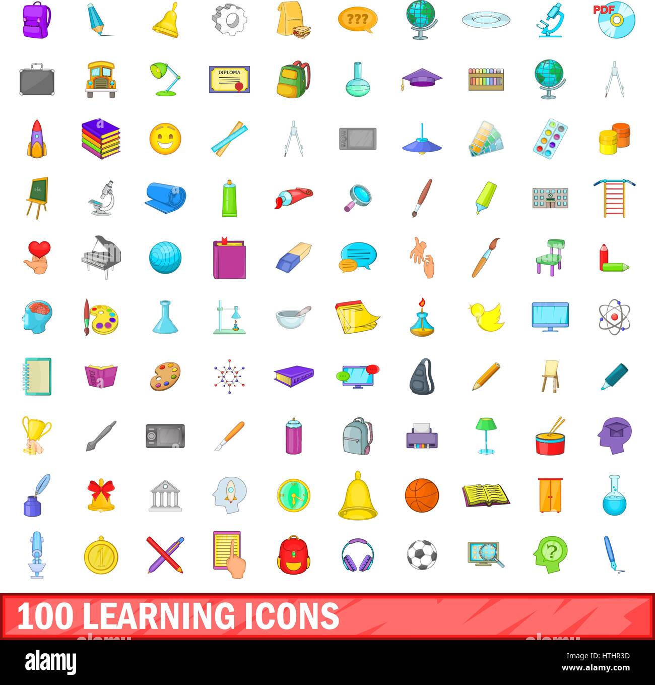 100 learning icons set in cartoon style for any design vector ...