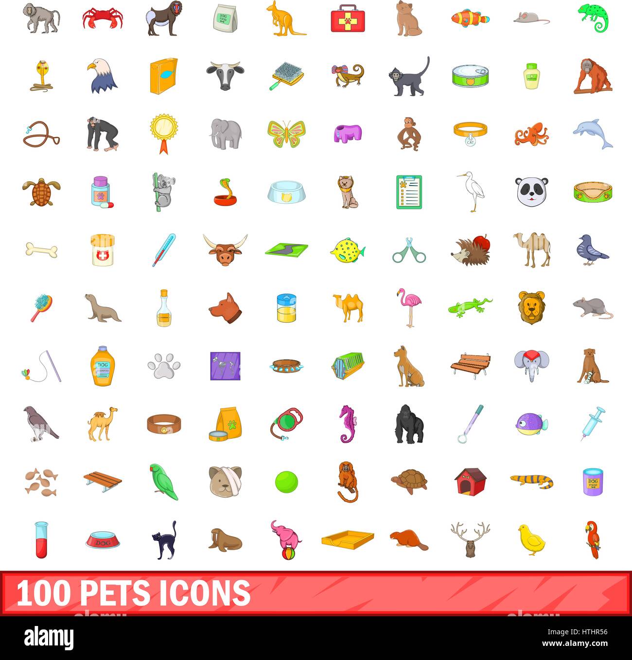 100 pets icons set in cartoon style for any design vector illustration ...