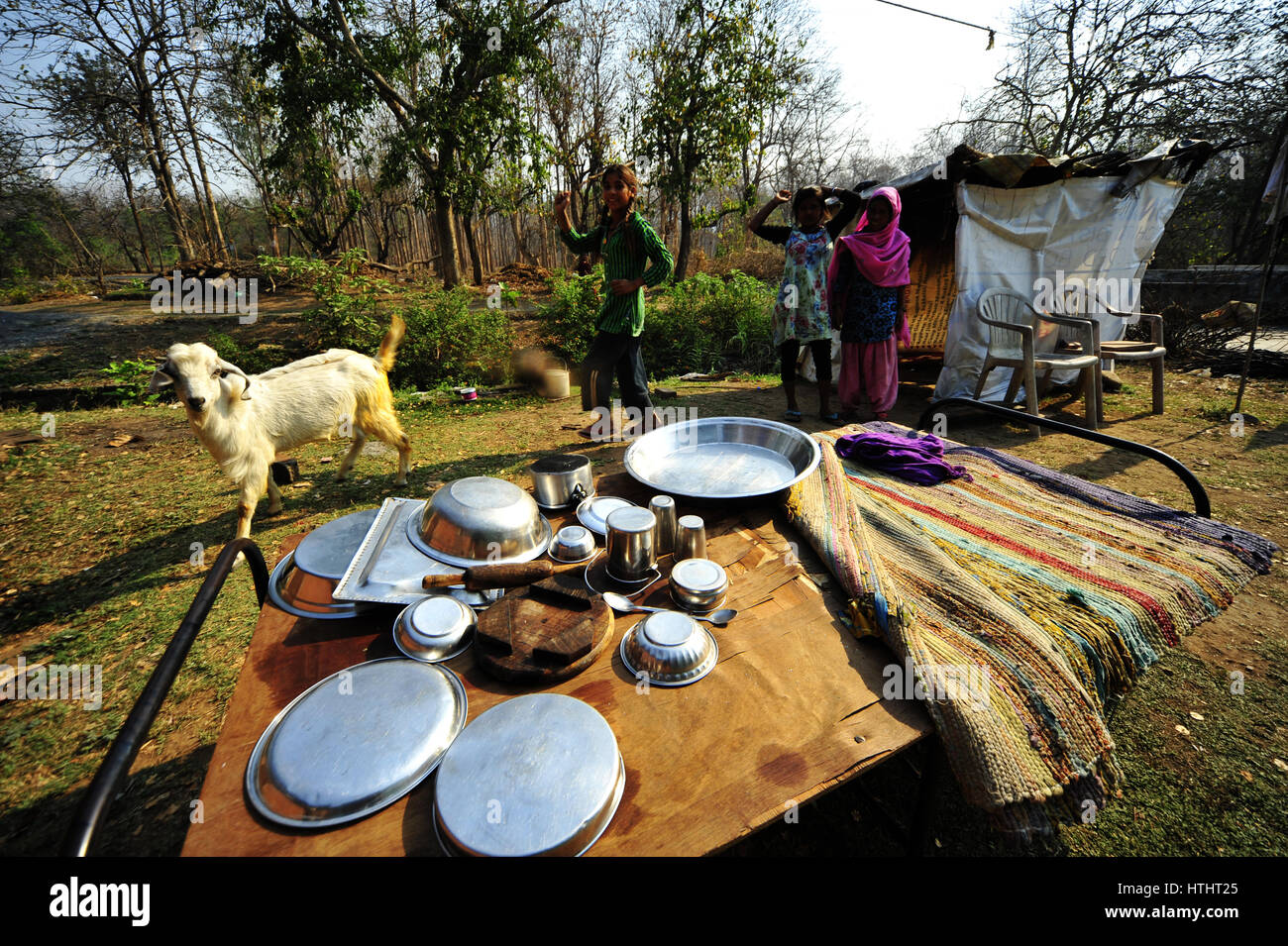 Indian girls washing dishes near Corbett jungle at Kaladunghi, India ...