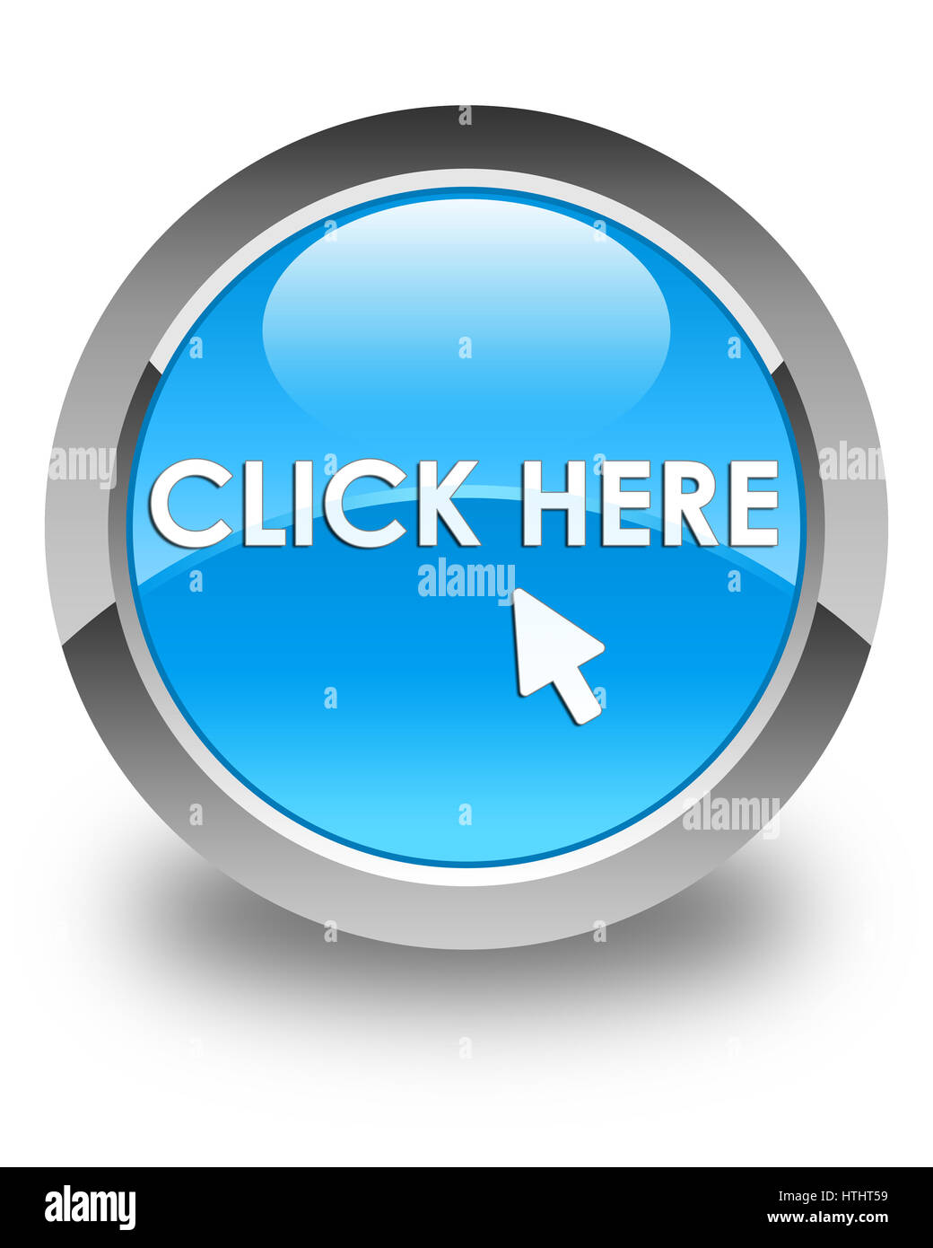 Click here isolated on glossy cyan blue round button abstract ...