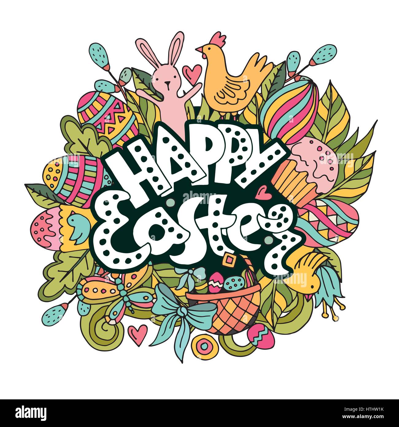 Cartoon vector hand drawn Doodle Happy Easter illustration. Line art ...