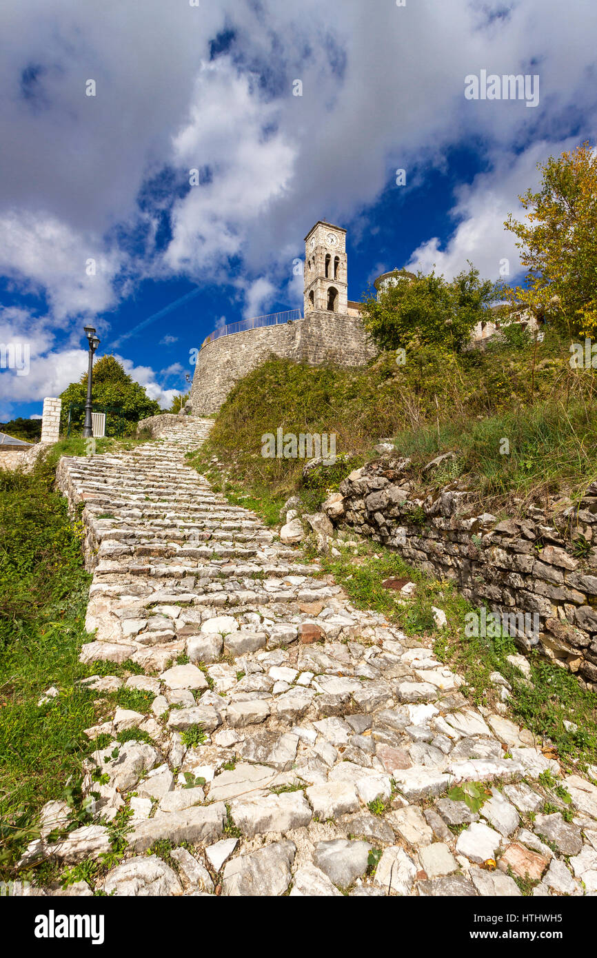 Stone paved path in the picturesque village of Kalarrytes, in Tzoumerka ...