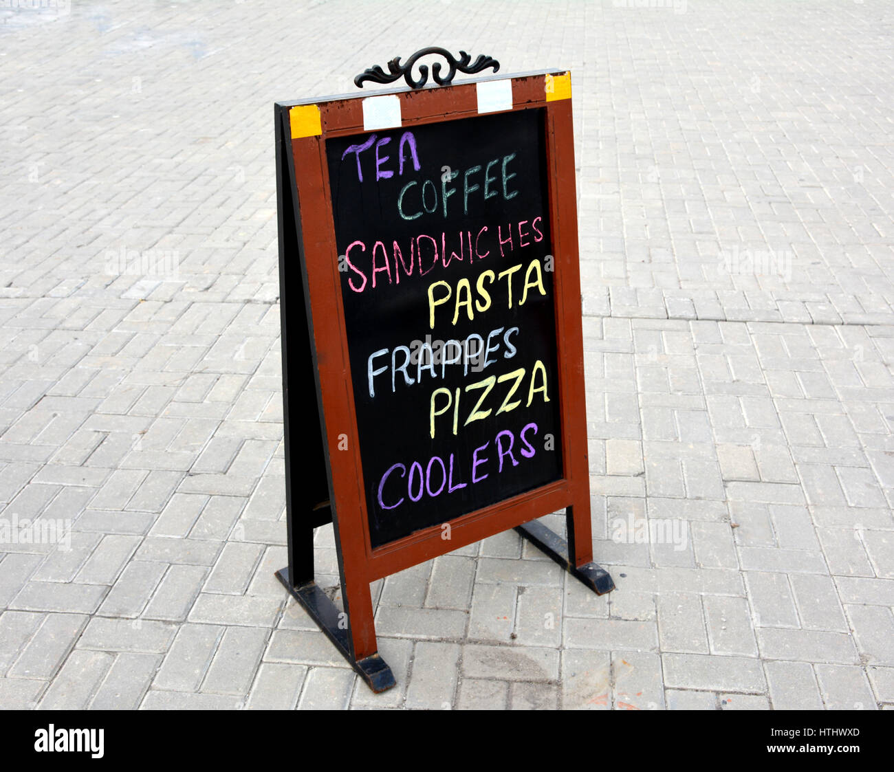 Shop Sign display with Tea Coffee Pasta Offers Stock Photo - Alamy