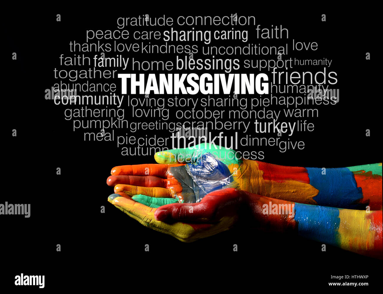 Happy Thanksgiving words collage on colorful painted hands Stock Photo ...