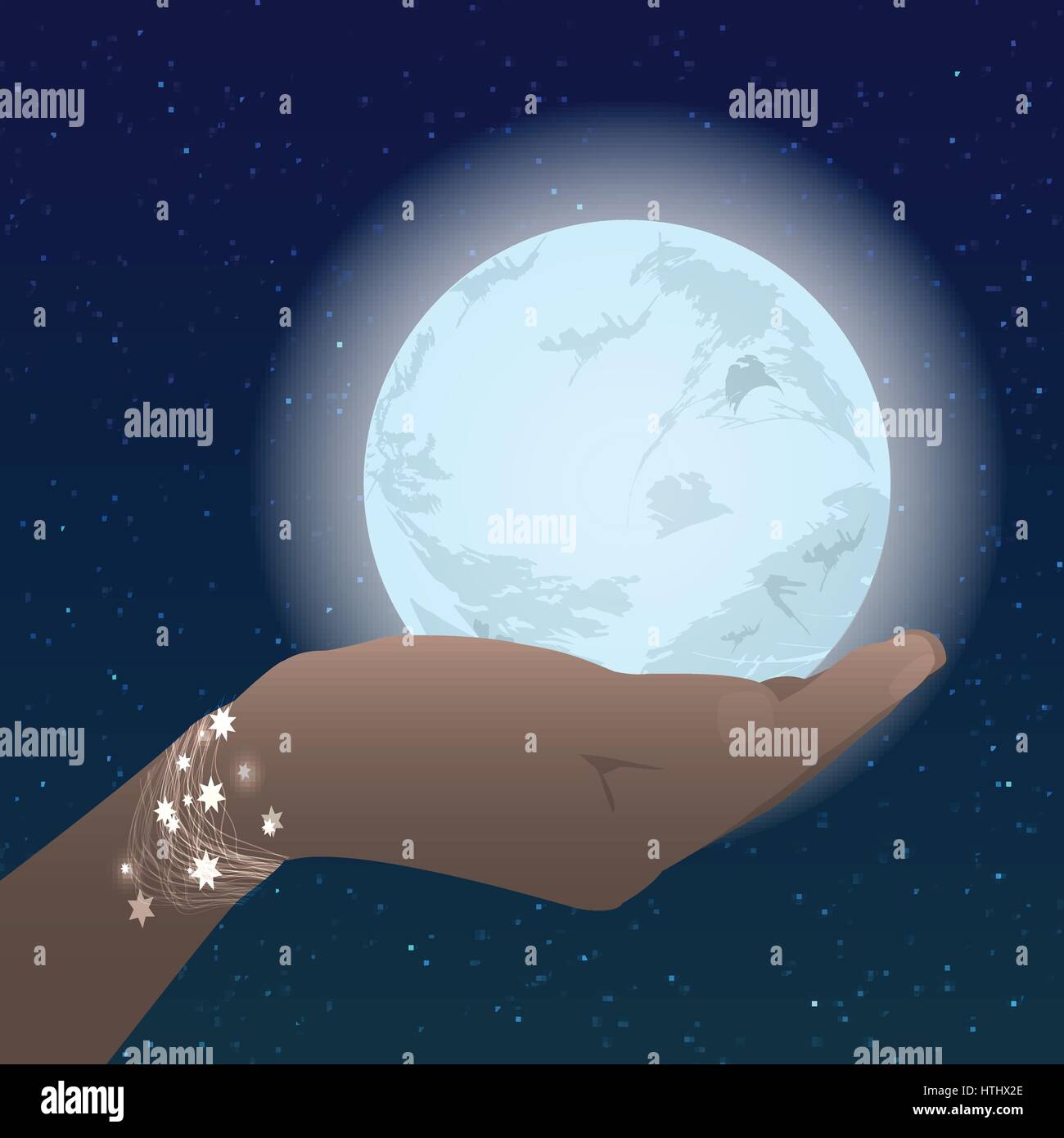 Hand holding the moon on the stars sky. Illustration on white easy to ...