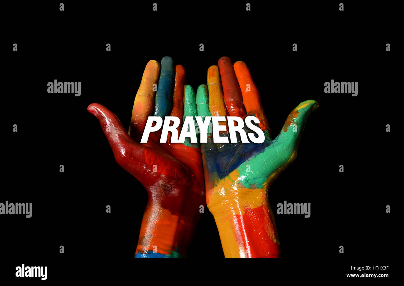 Prayers word concept on Multi Colors Painted hand Stock Photo - Alamy