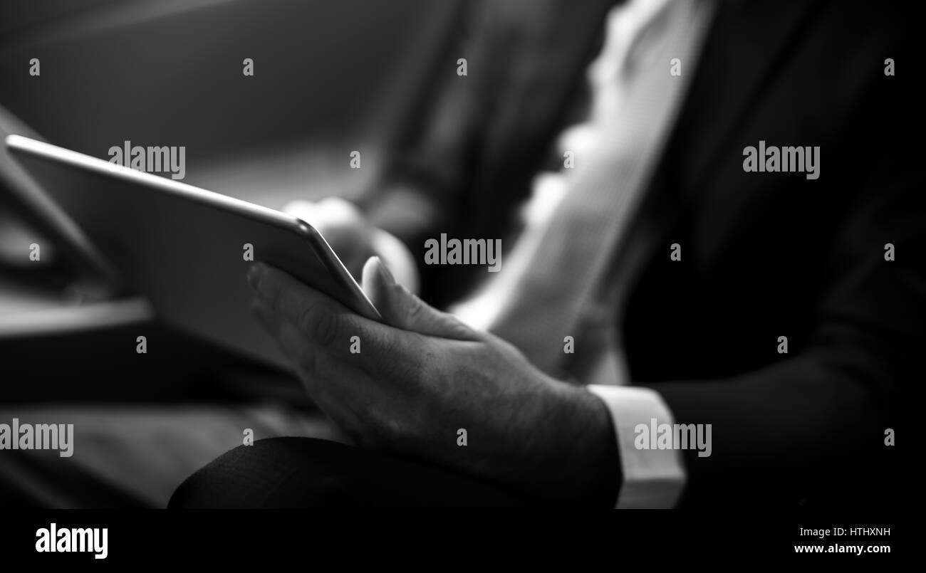 Man working tablet office Black and White Stock Photos & Images - Alamy
