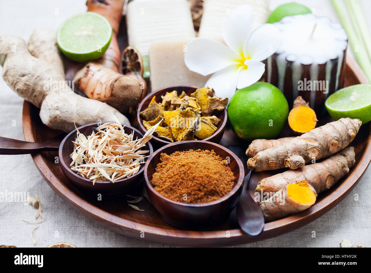 Spa, heath care set of essential oils, soap, ginger, turmeric roots and ...