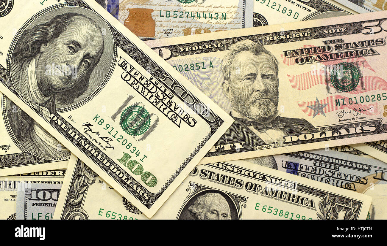 Abstract dollar bills of different denominations background Stock Photo ...