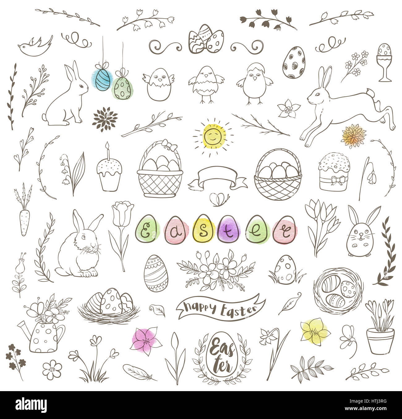Set of decorative hand drawn Easter doodle elements for design Stock Photo - Alamy