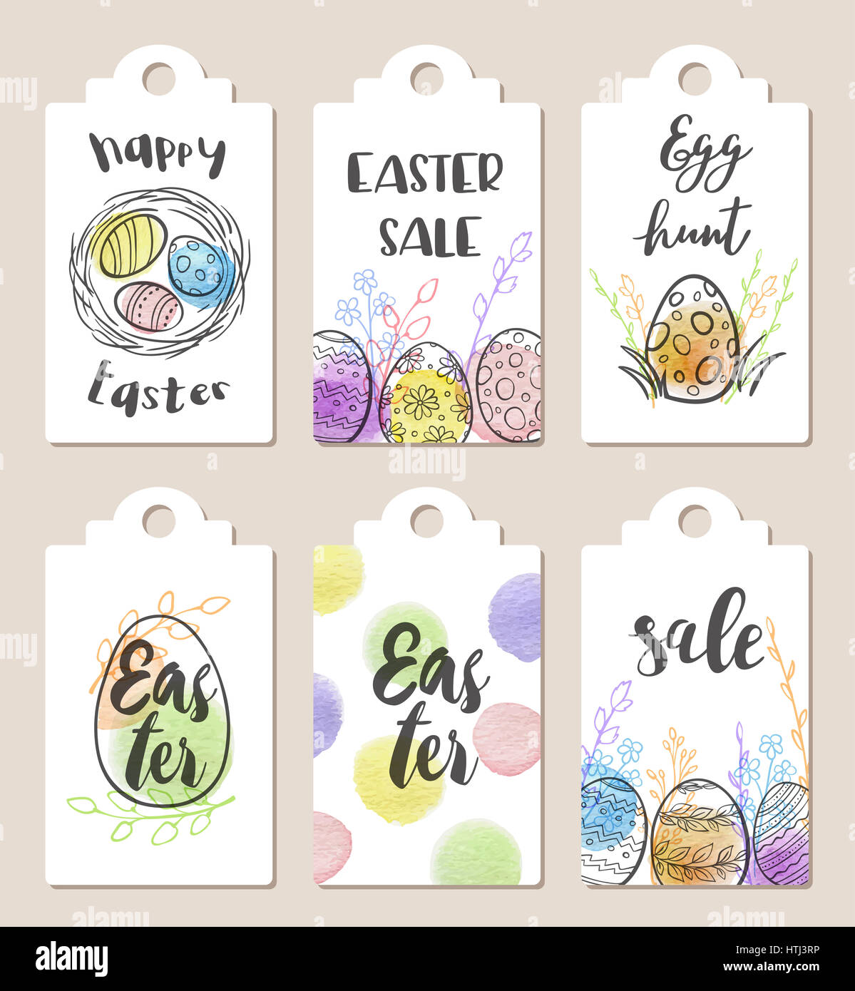 Set of white Easter tags for holiday sale with watercolor textures ...