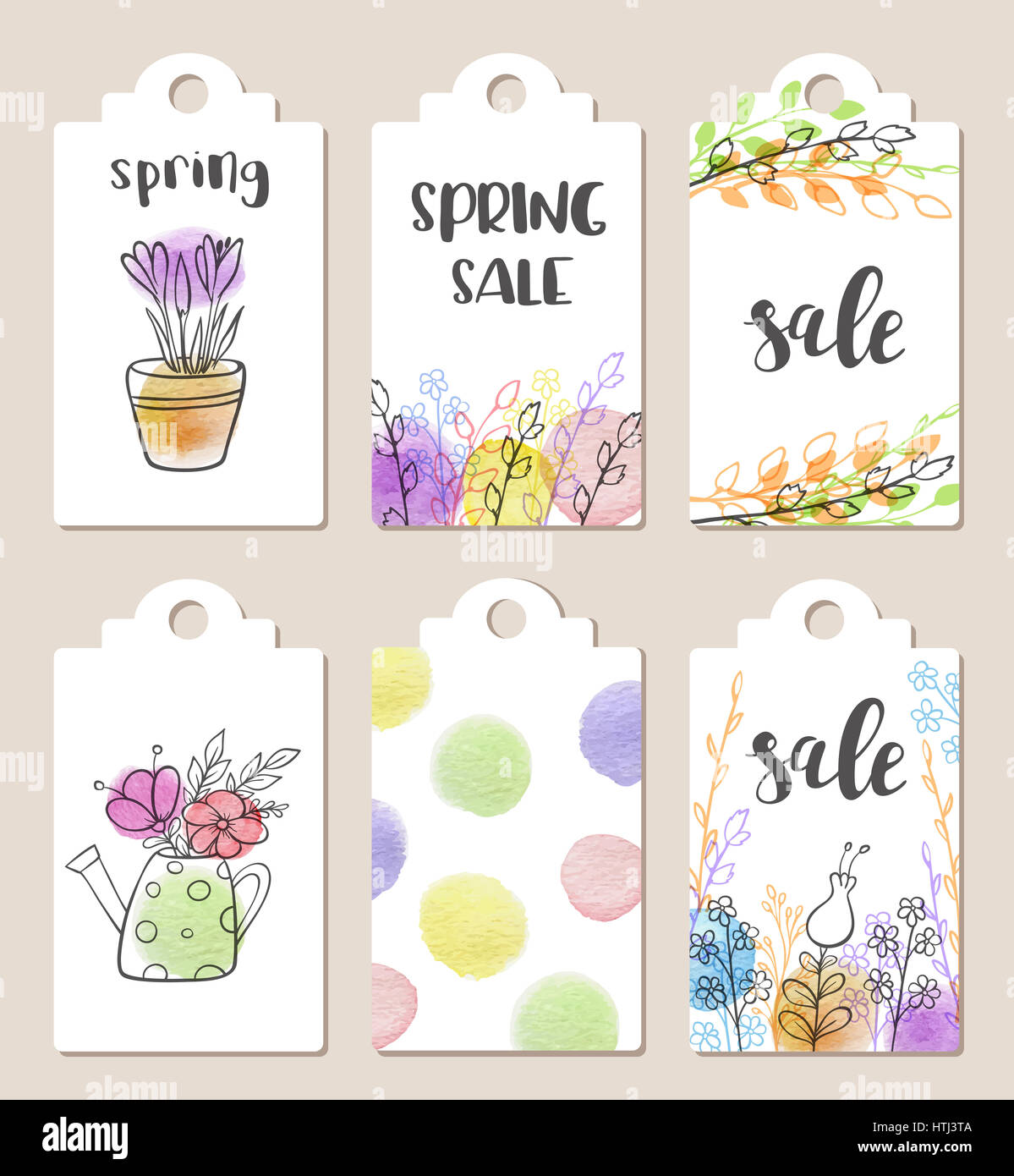 Set of hand drawn tags for spring sale with watercolor textures and ...