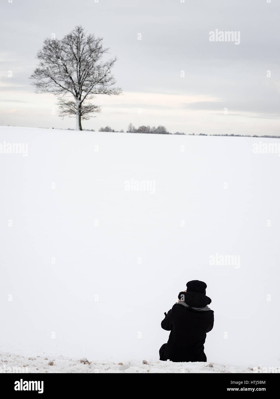 frozen countryside scene in winter with snow. fields of snow and ...