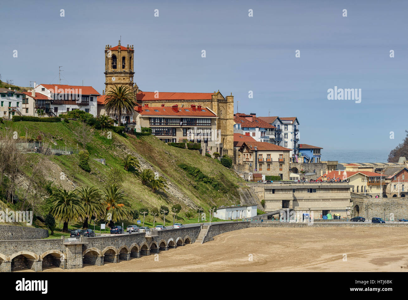 Church and beach in the village of Guetaria, Getaria, Guipuzcoa, Basque ...