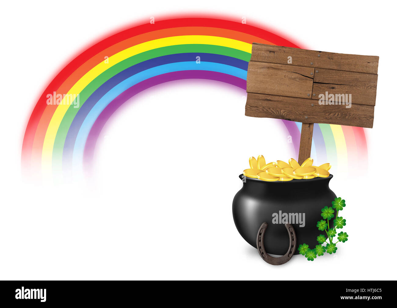 illustration of pot of gold at end of rainbow, with wooden sign ...
