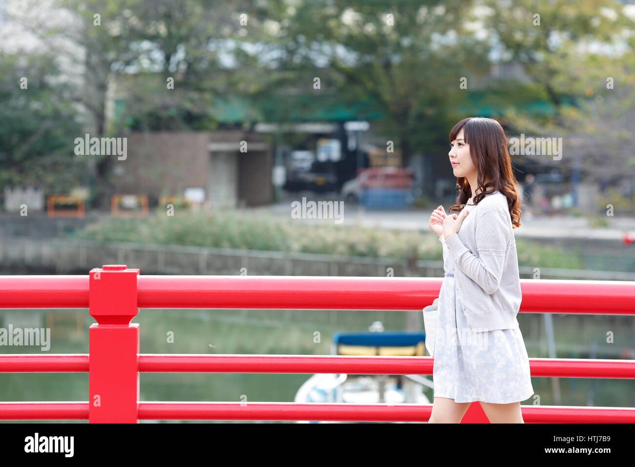 Fashionable Japanese woman walking on traditional bridge, Tokyo, Japan ...