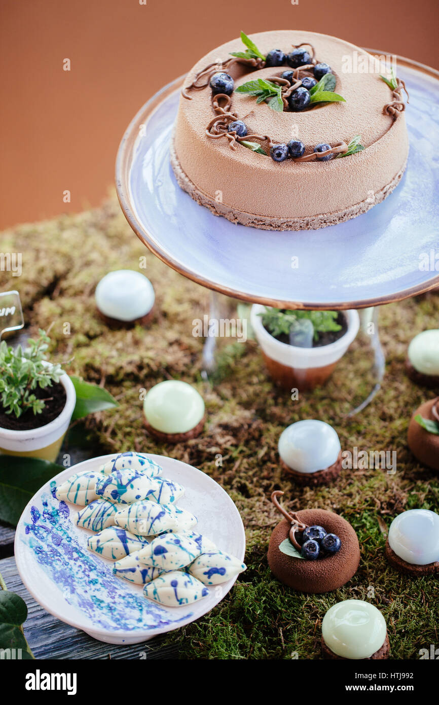 Wedding cakes desserts and sweets in the candy bar. Sweets at the event ...