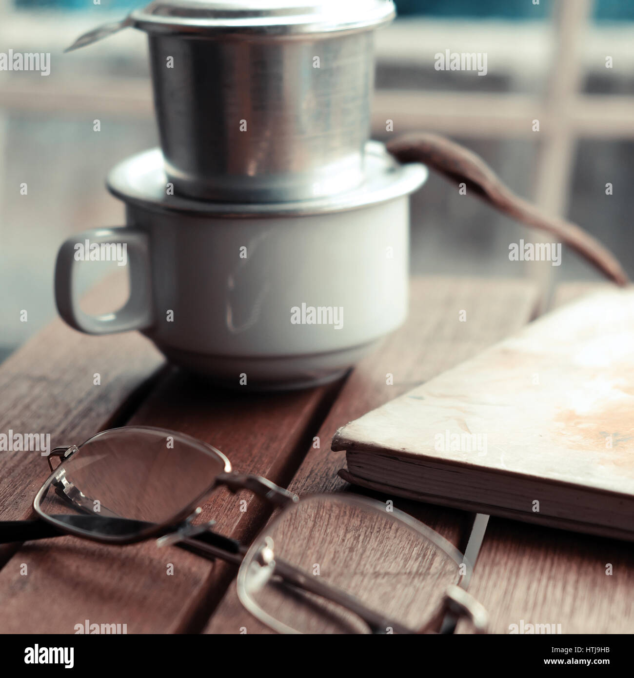 Coffee time in morning, relax moment in rainy day, coffee cup on cafe ...